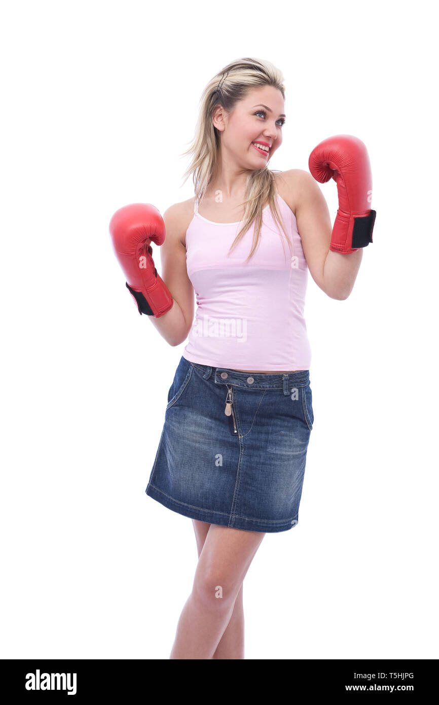 beautiful woman ready for boxing on white Stock Photo - Alamy