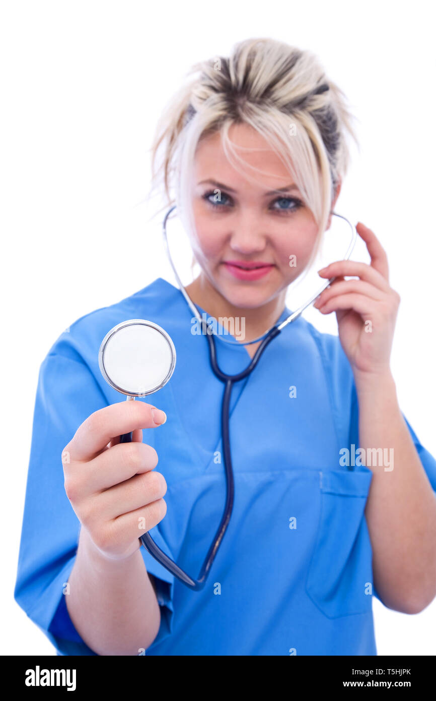 Lovely young and beautiful Doctor on white background Stock Photo - Alamy
