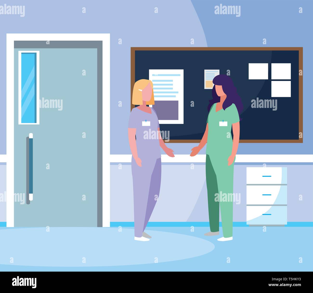 female medicine workers in hospital corridor vector illustration design ...