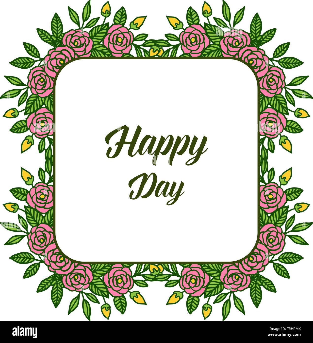 Vector illustration art pink flower frame with template happy day hand ...
