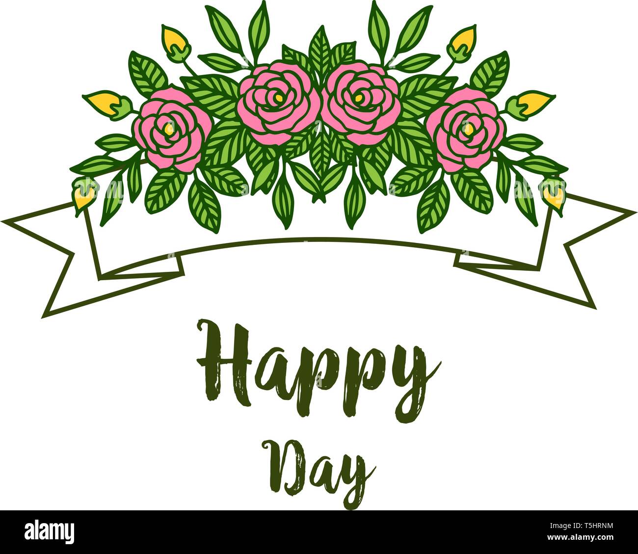 Vector illustration art pink flower frame with template happy day hand ...