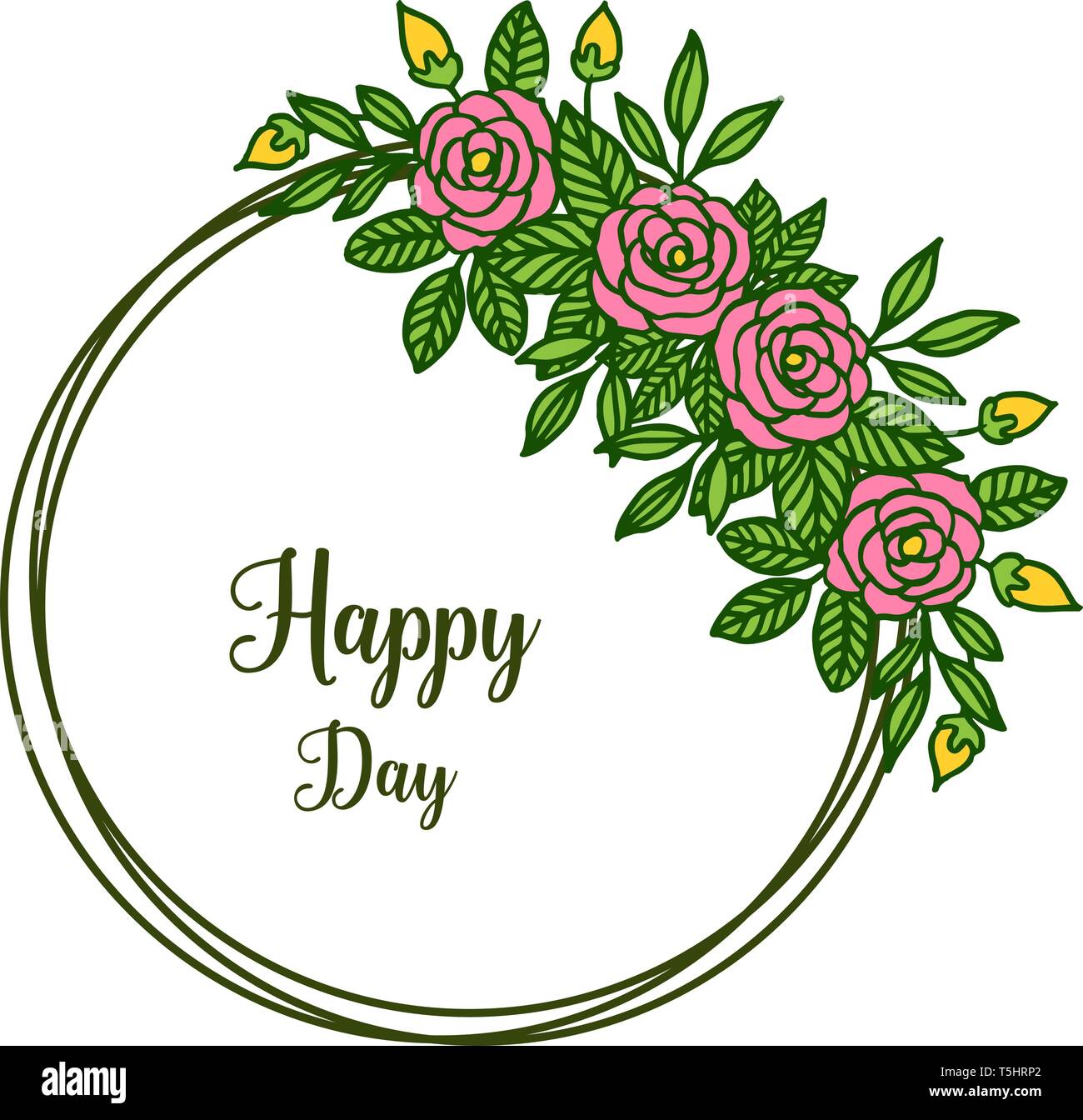 Vector illustration art pink flower frame with template happy day hand ...