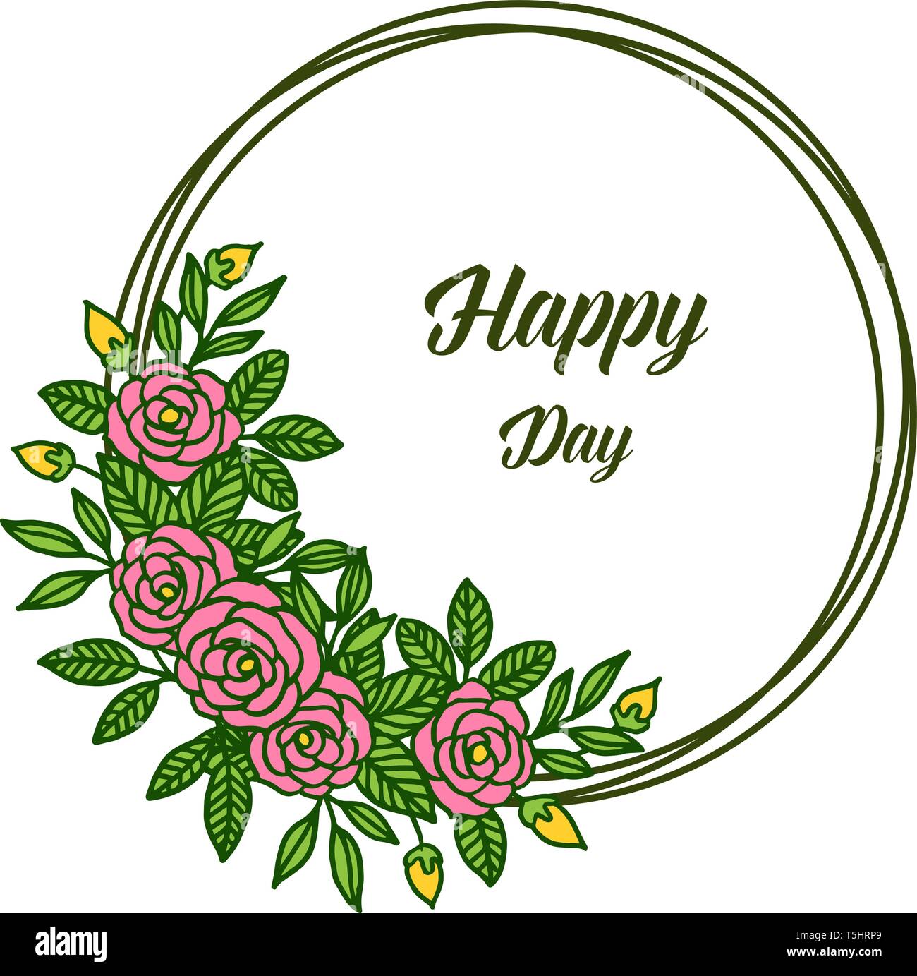 Vector illustration art pink flower frame with template happy day hand ...