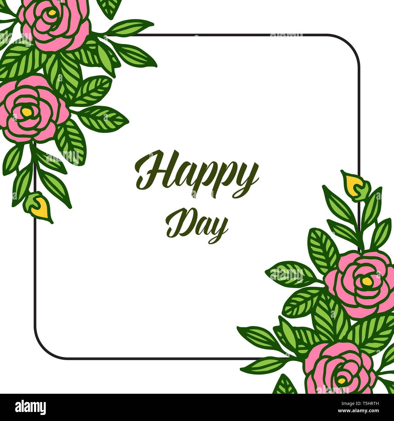 Vector illustration pattern pink rose flower frame with letter happy ...