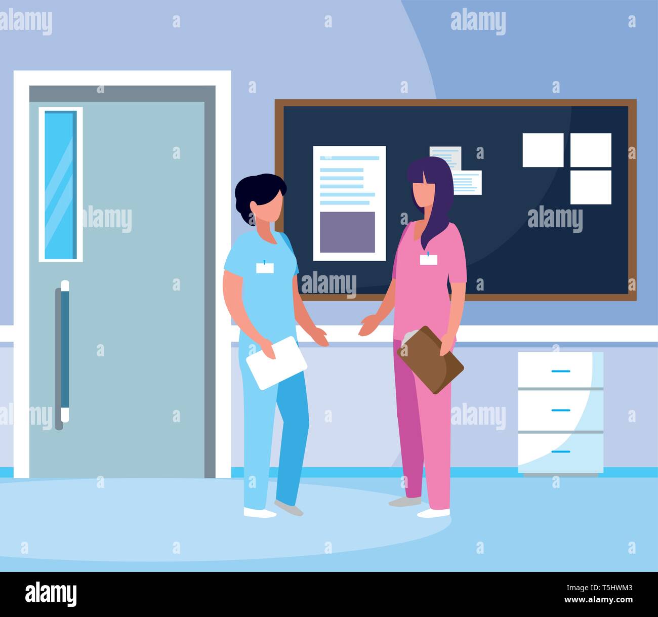 female medicine workers in hospital corridor vector illustration design ...
