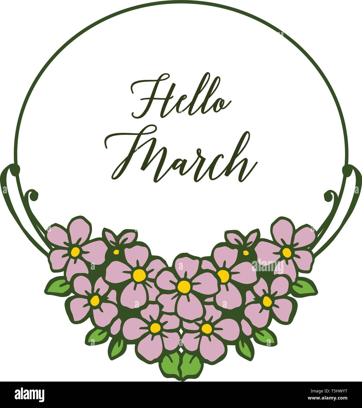 Vector illustration bright purple flower frame with lettering hello ...