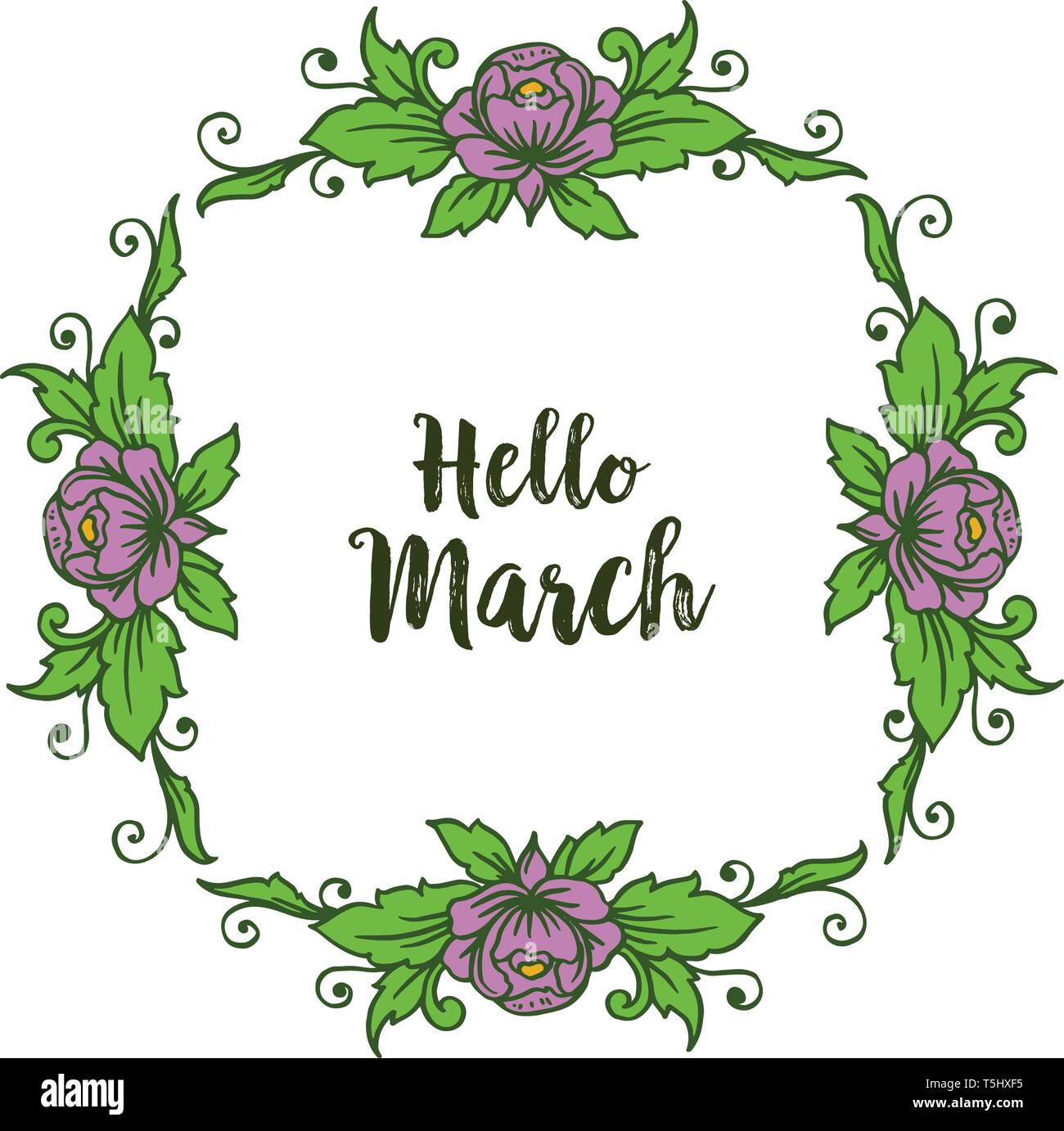 Vector illustration greeting card hello march with branches of flower ...
