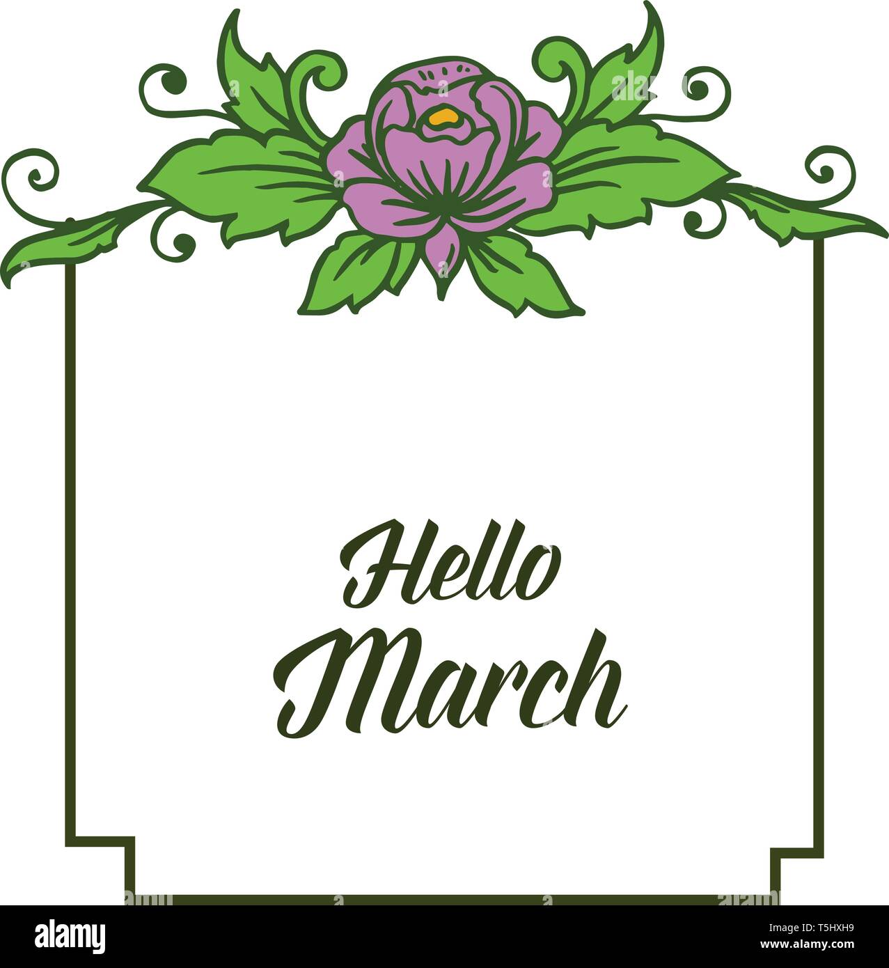 Vector illustration greeting card hello march with branches of flower ...