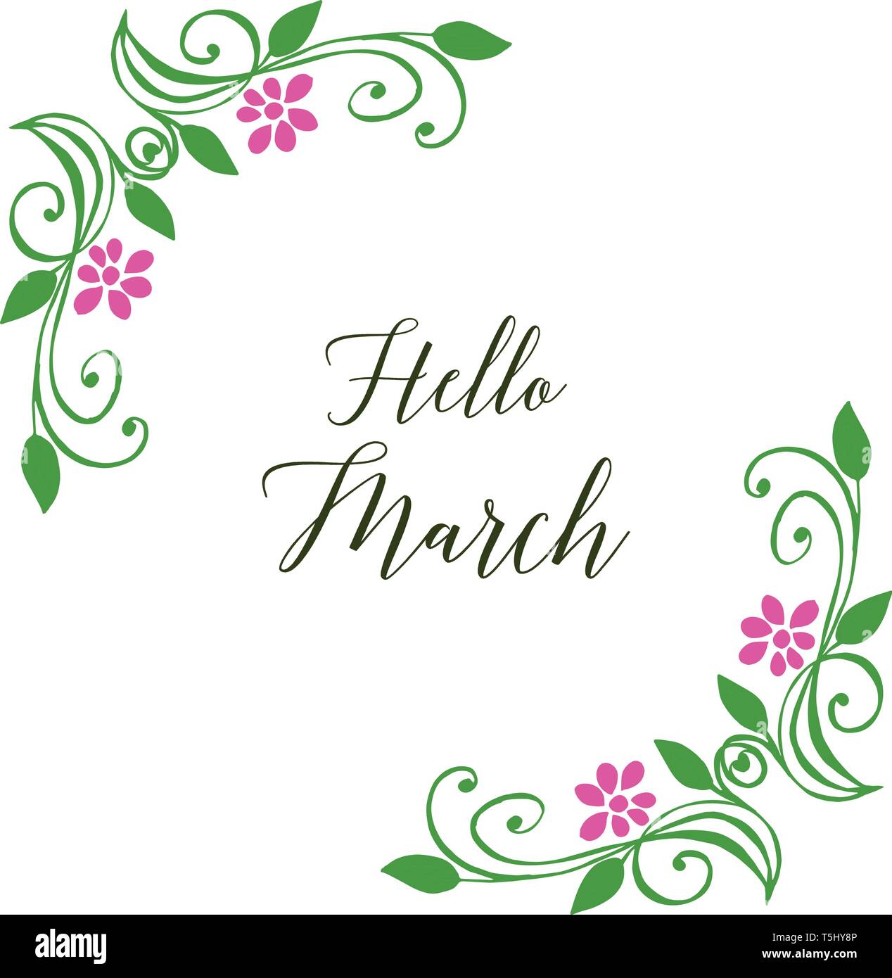 Vector illustration text hello march with design flower frame hand ...