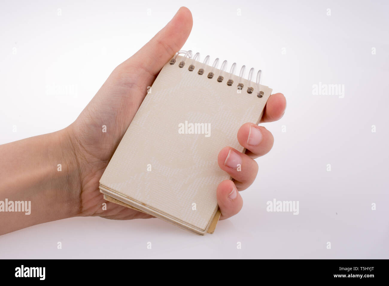 Hand holding a spiral notebook on a white background Stock Photo - Alamy