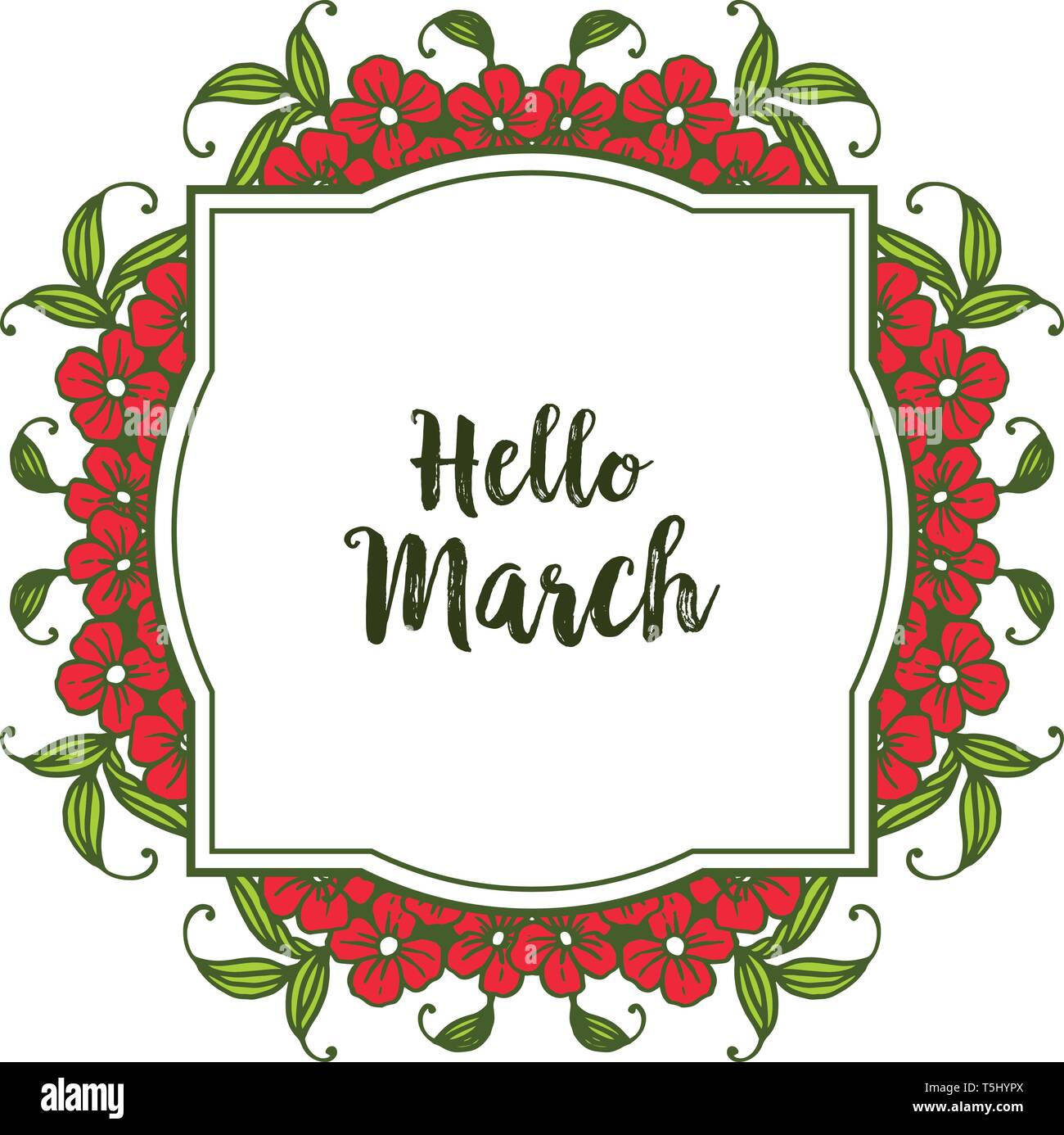 Vector illustration invitation hello march with blossom flower frame ...
