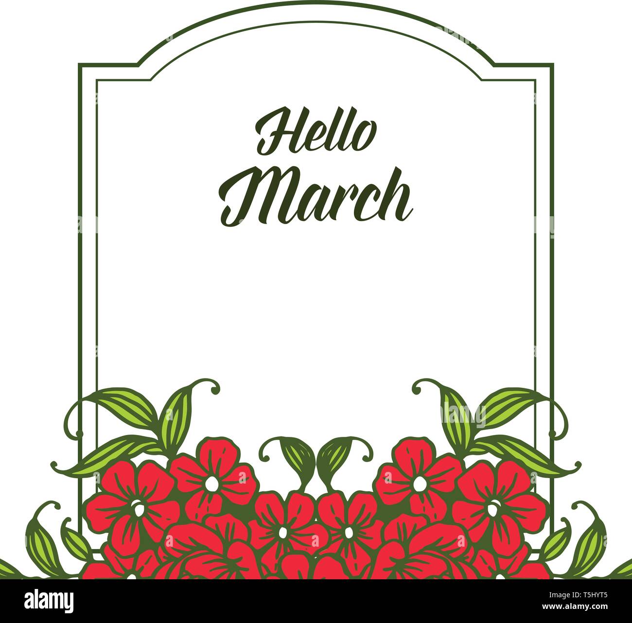 Vector illustration greeting card hello march with blossom flower frame ...
