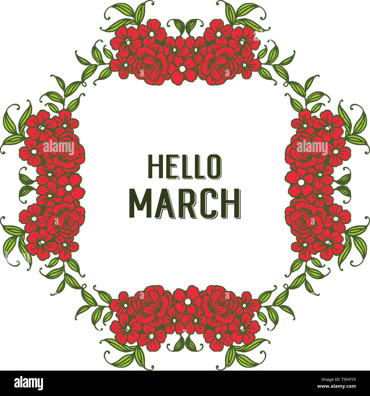 Vector illustration greeting card hello march with blossom flower frame ...