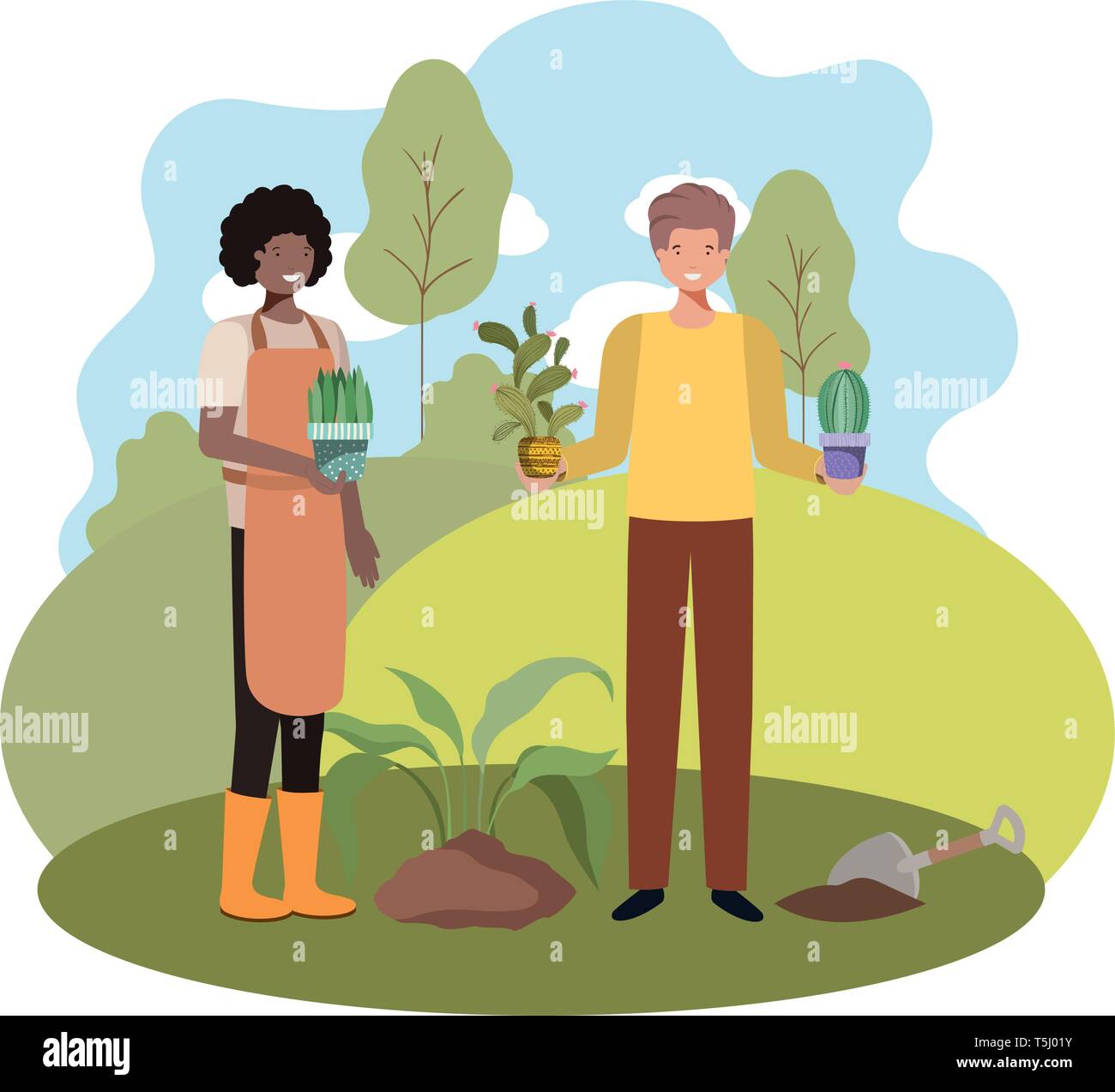 men with trees to plant in landscape Stock Vector Image & Art - Alamy