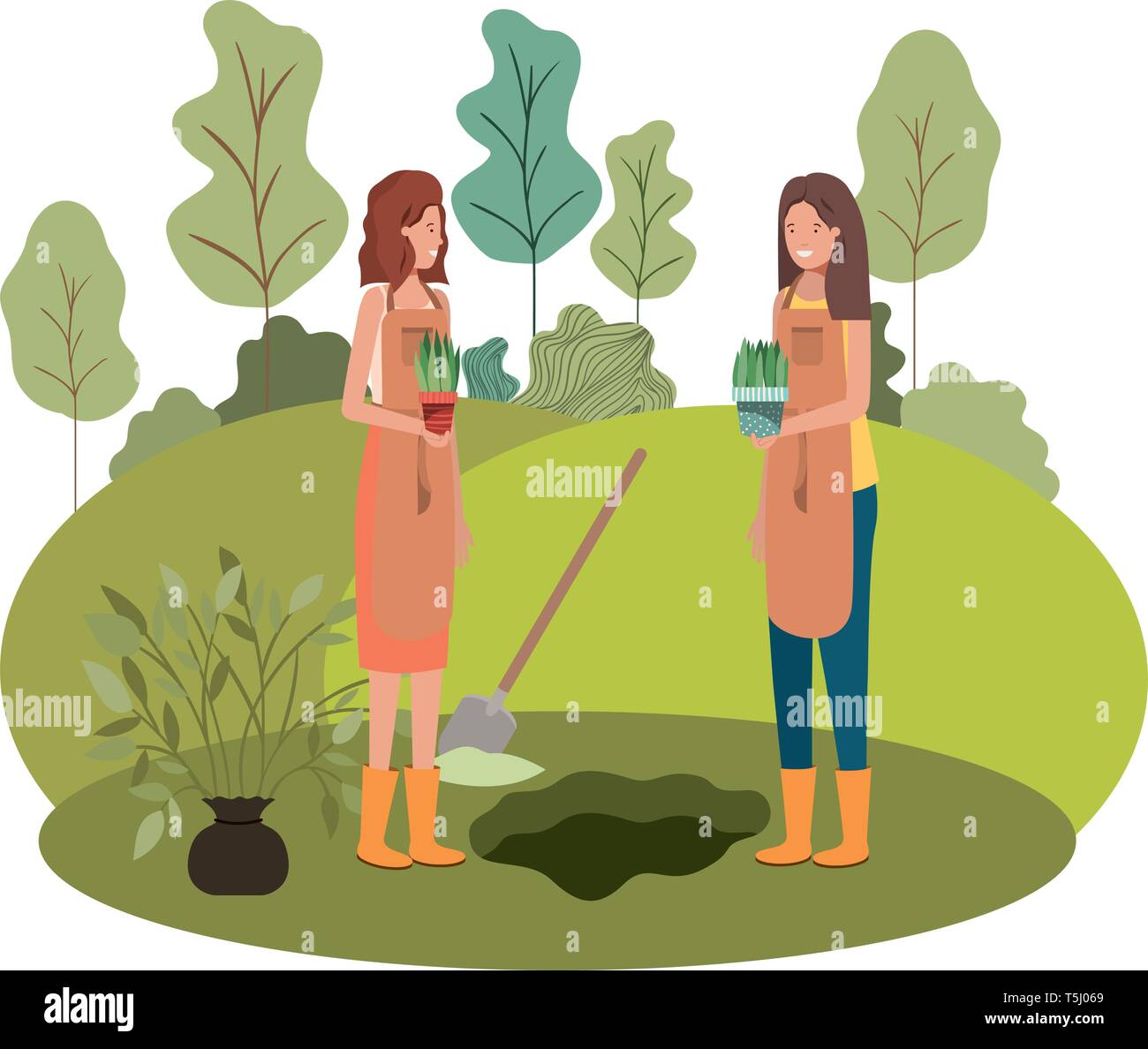 women with trees to plant in landscape Stock Vector Image & Art - Alamy