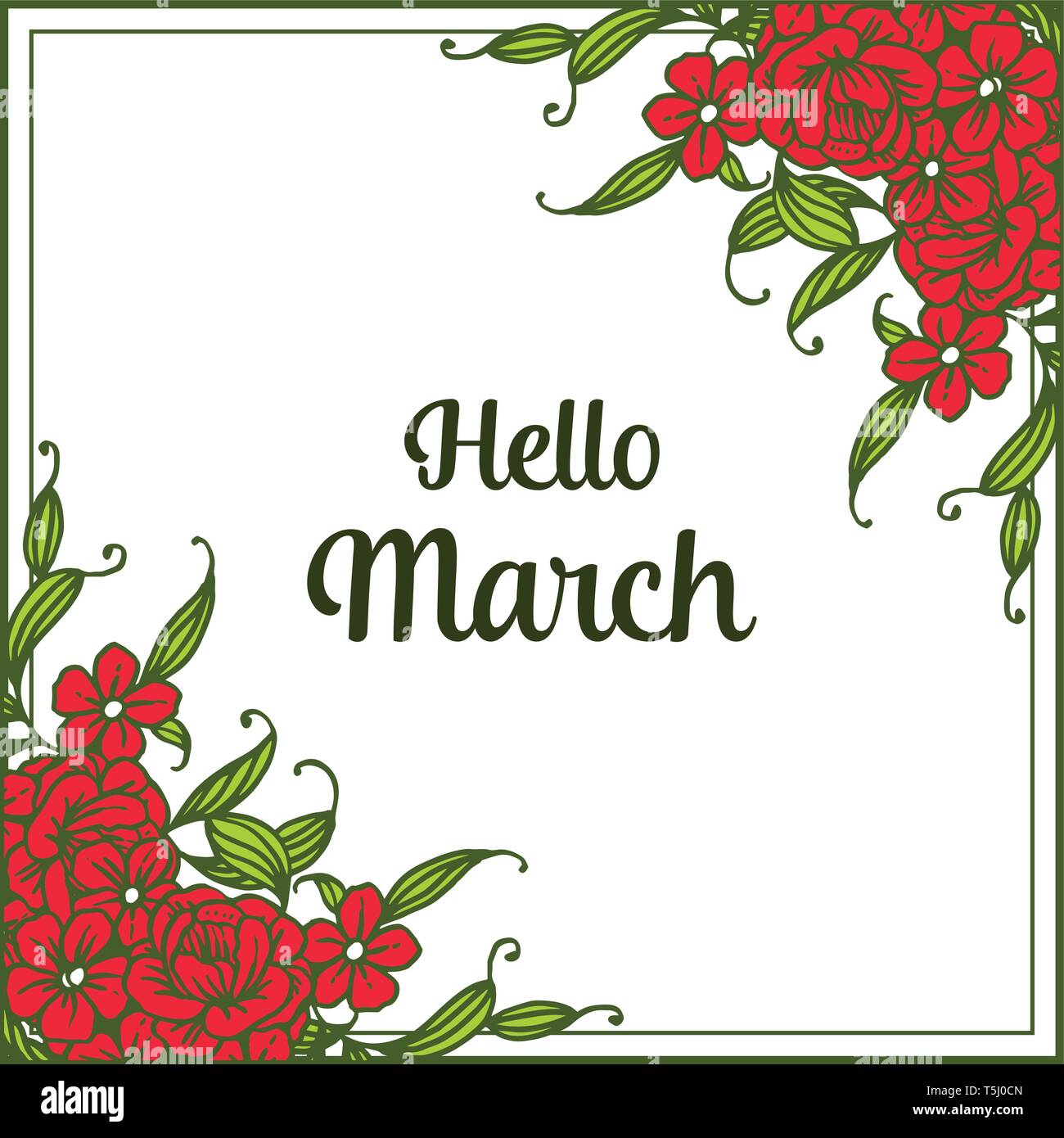Vector illustration ornate hello march with bright red flower frame ...