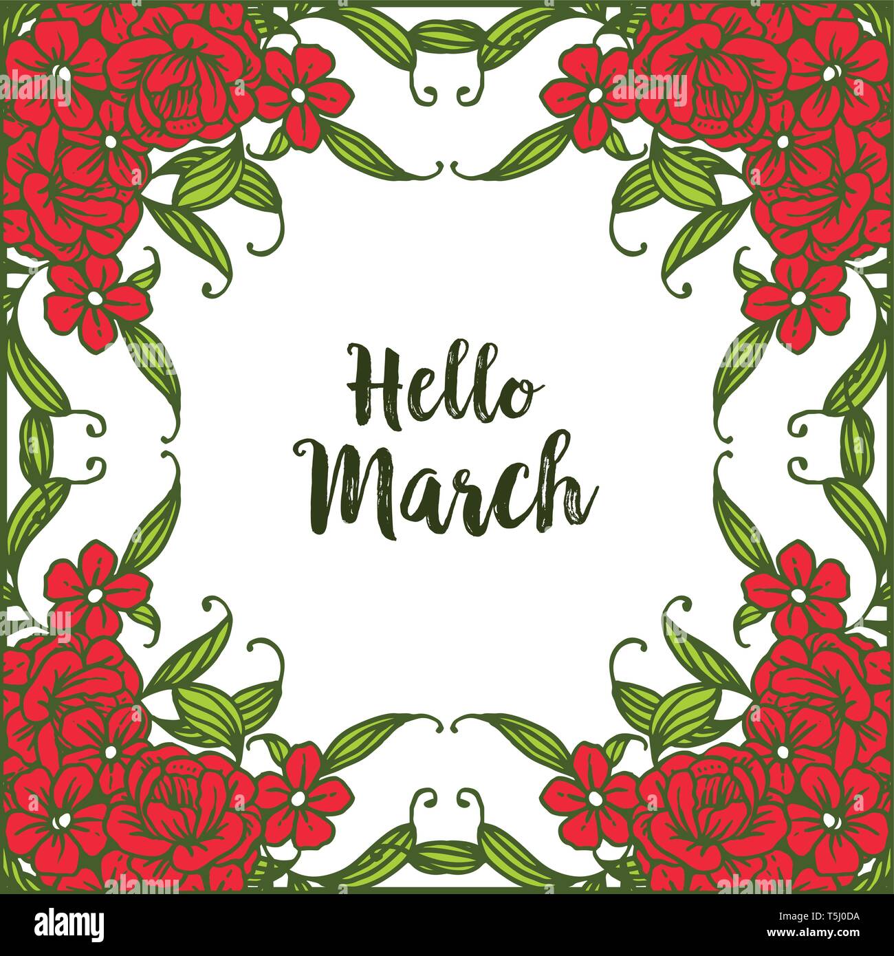 Vector illustration ornate hello march with bright red flower frame ...