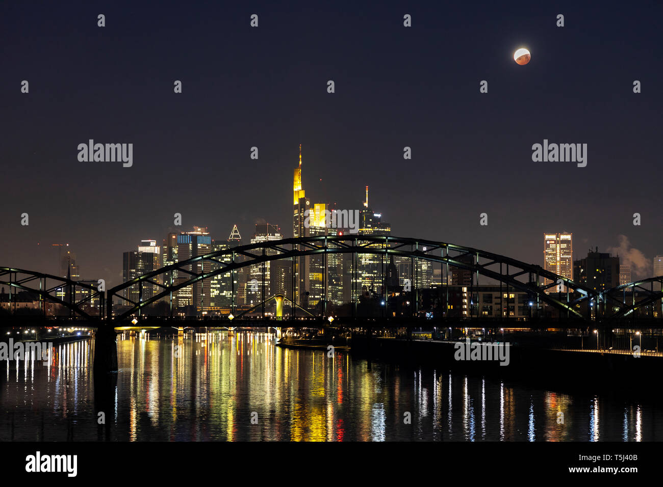 Germany, Frankfurt on Main, view to lighted skyline with Deutschherrn ...