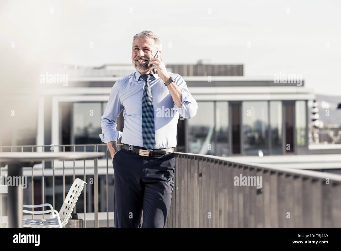 Smiling mature businessman on cell phone on roof terrace Stock Photo ...