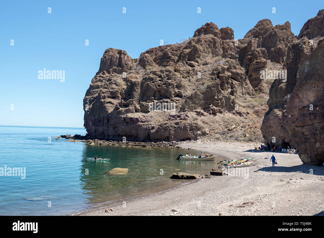 Sea kayak group having lunch, Bay of Loreto Nat. Park, Baja California ...