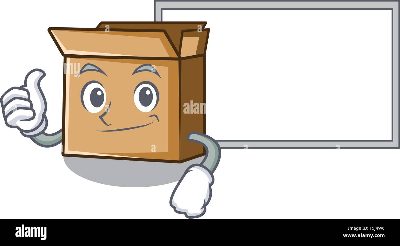 Thumbs up with board cardboard is placed above cartoon table Stock ...