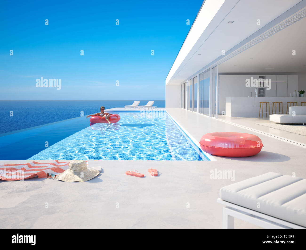 3D-Illustration. modern luxury infinity pool with summer accessoires ...
