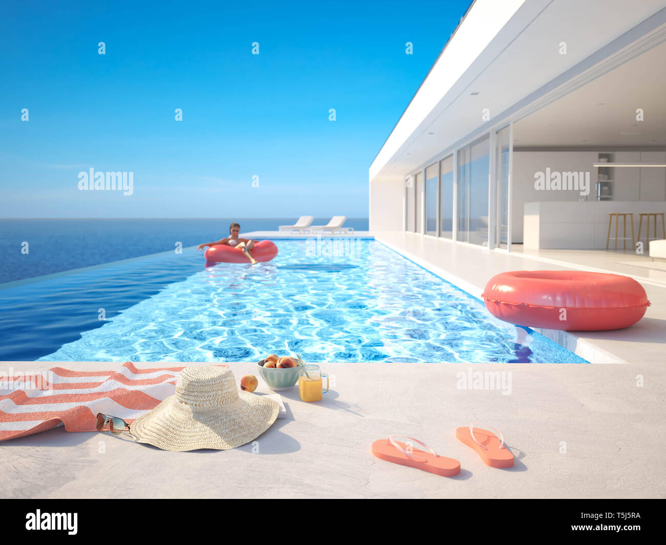 3D-Illustration. modern luxury infinity pool with summer accessoires ...