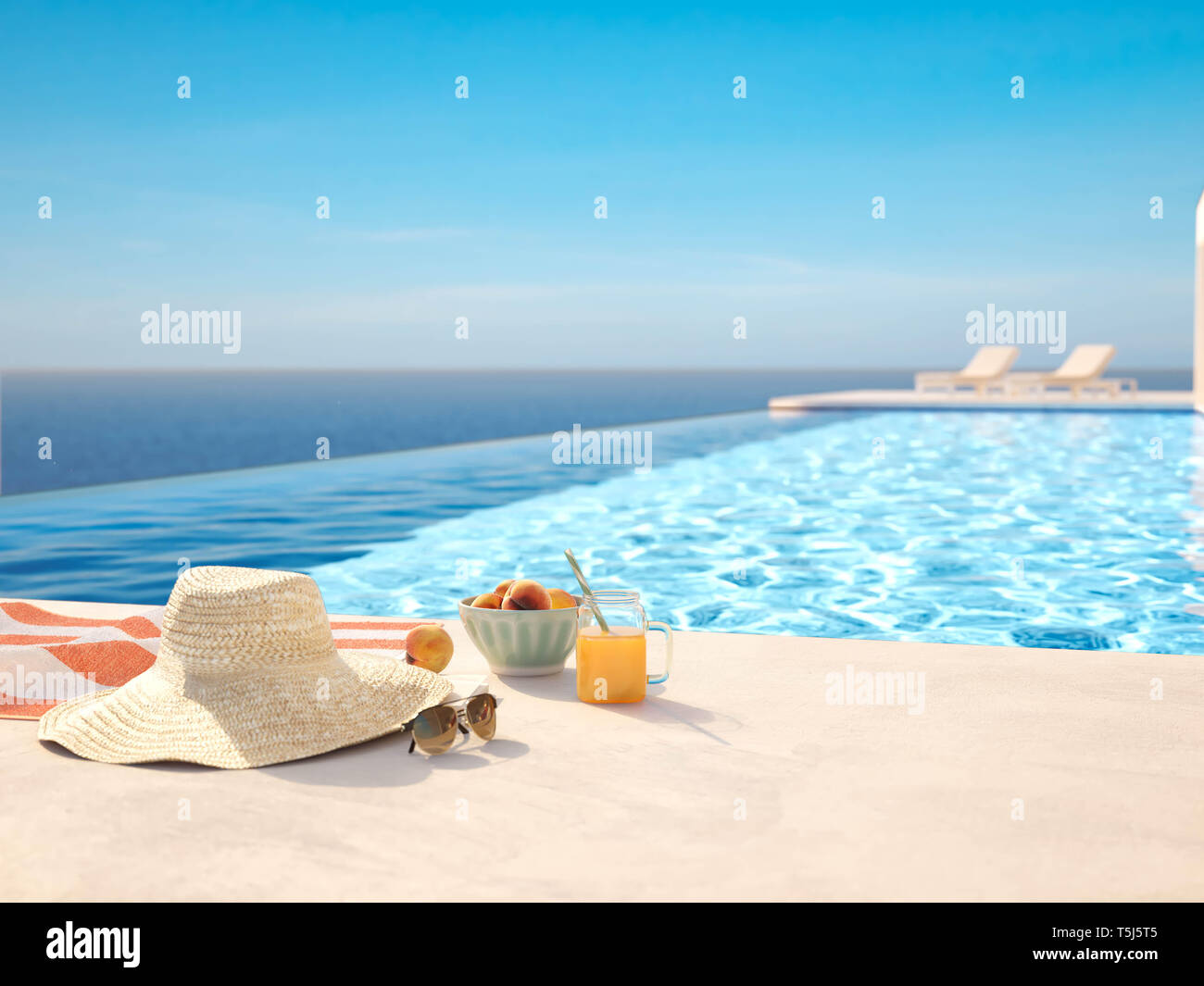 3D-Illustration. modern luxury infinity pool with summer accessoires ...