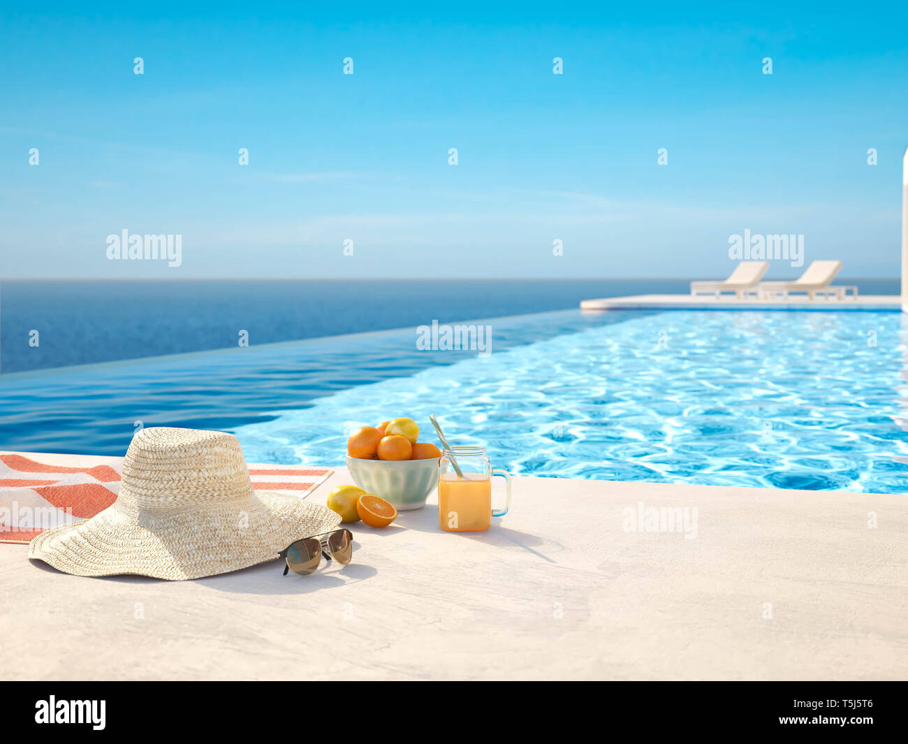 3D-Illustration. modern luxury infinity pool with summer accessoires ...