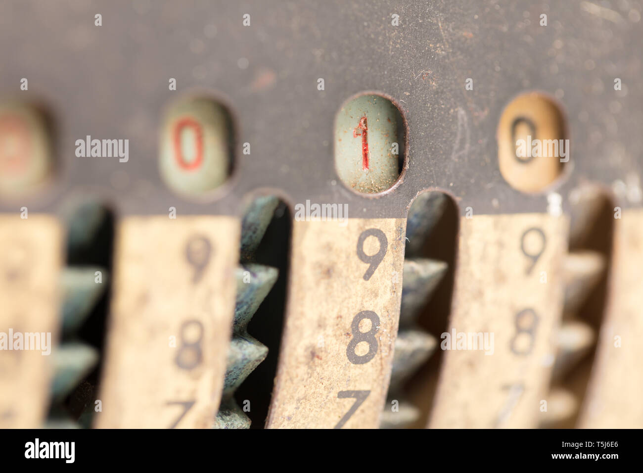 Vintage manual adding machine isolated on white, selective focus - 1 ...