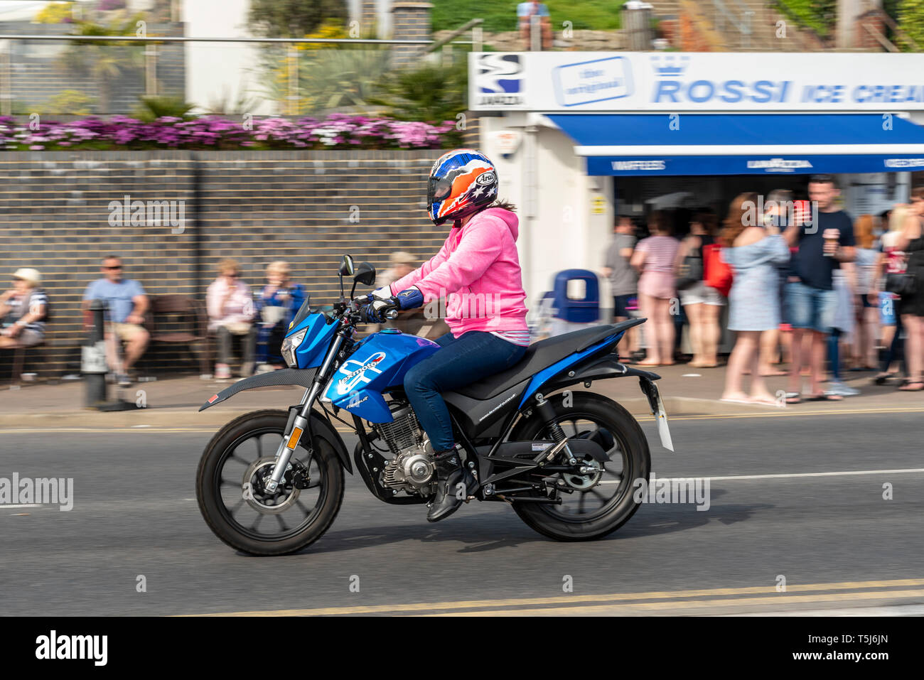 Female riding Lexmoto Assault motorbike ridden at the Southend ...