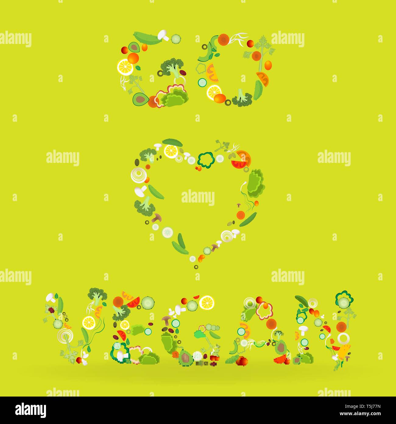 Heart of vegetable pattern with an inscription go vegan, for web and ...