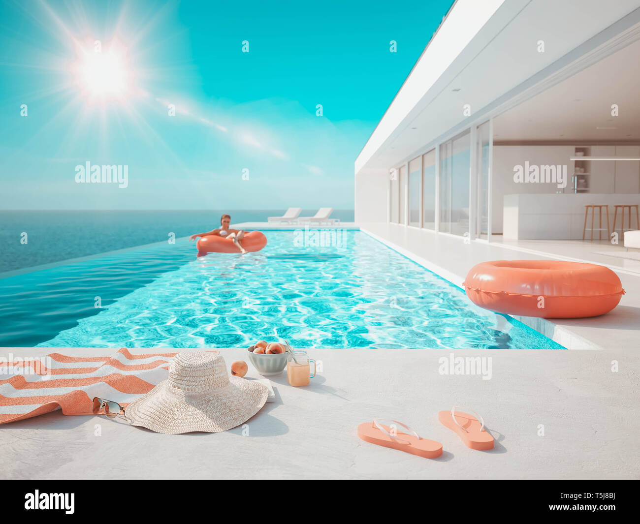 3D-Illustration. modern luxury infinity pool with summer accessoires ...