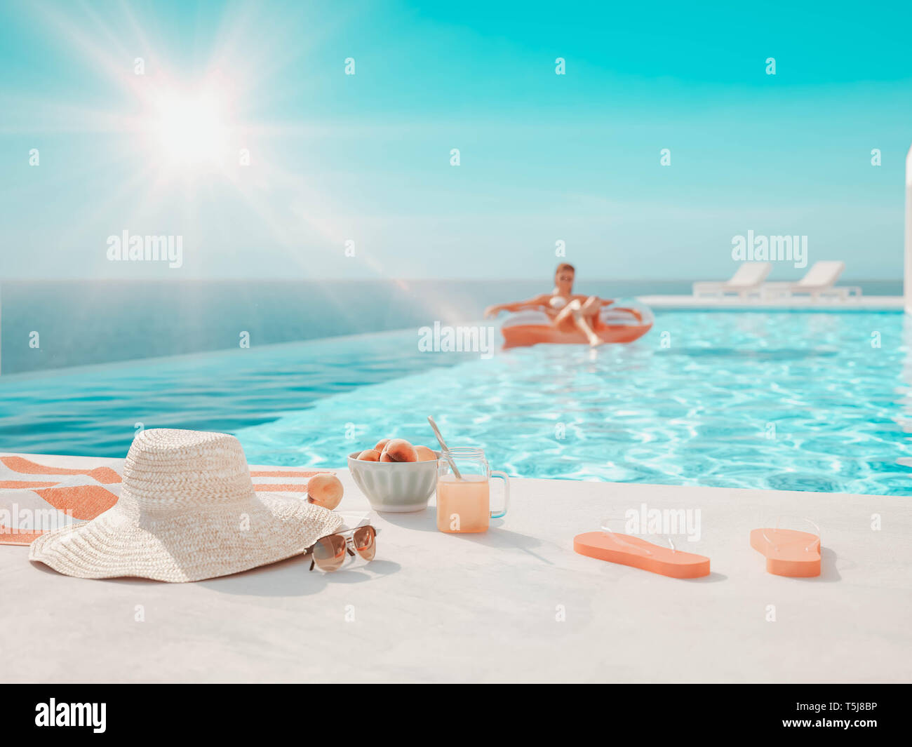 3D-Illustration. modern luxury infinity pool with summer accessoires ...