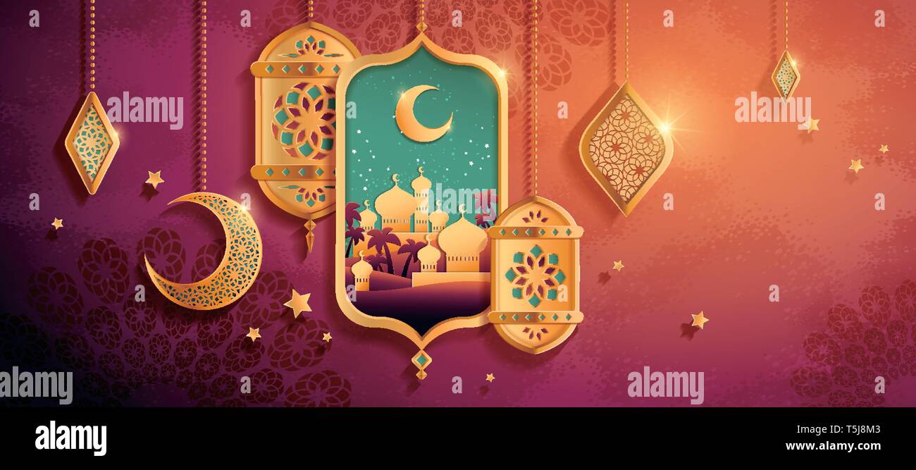 Hanging golden color fanoos with mosque in the desert Stock Vector ...