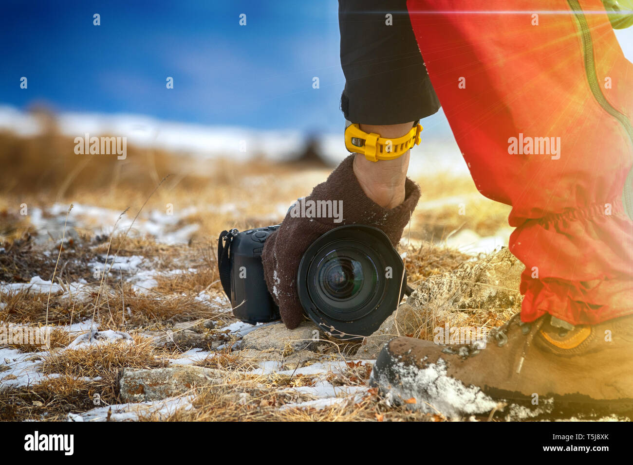 Man backpacker photographer with and camera taking photo. Travel ...