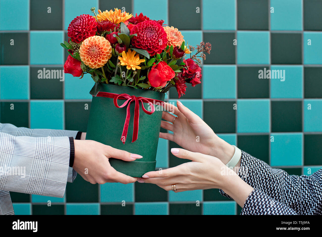 Beautiful woman receiving flowers from hi-res stock photography and ...