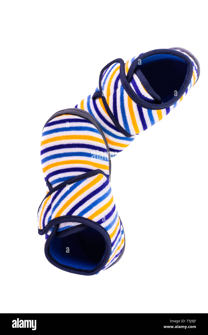 Childrens soft home slippers isolated on white velcro - Side view of ...