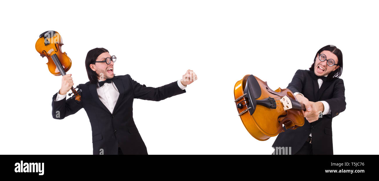 Funny man with music instrument on white Stock Photo - Alamy