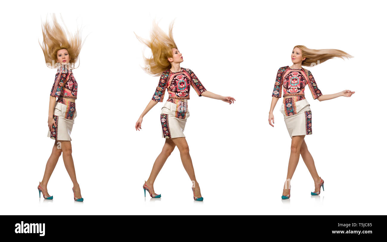 Pretty model in clothes with carpet prints isolated on white Stock ...