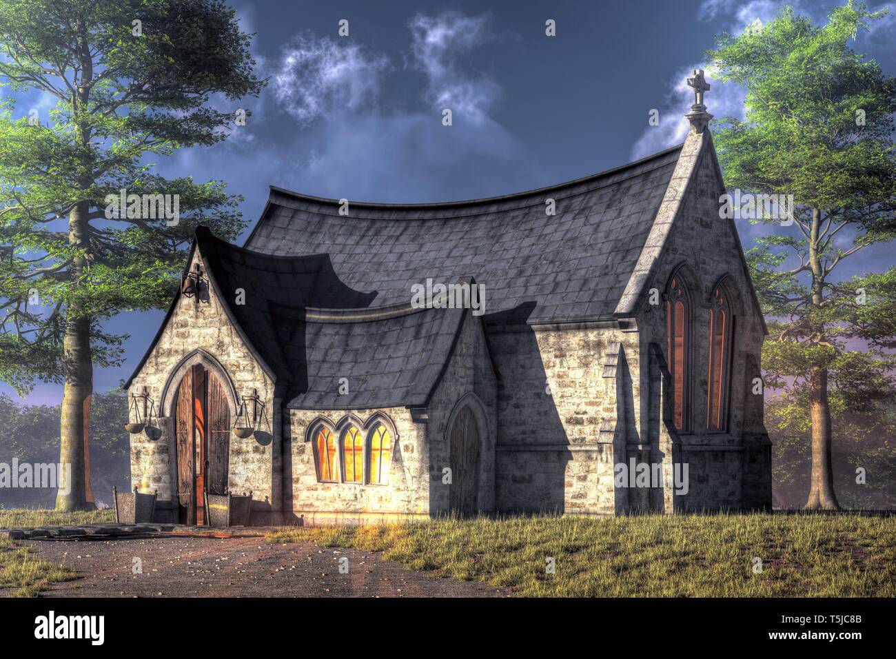 A country chapel sits between two tall trees with door open on an ...
