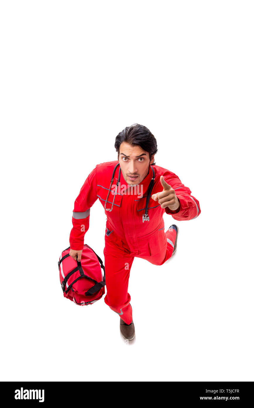 Young paramedic in red uniform isolated on white Stock Photo - Alamy