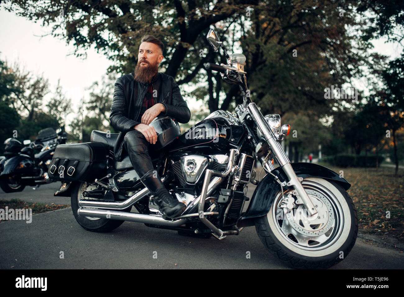 Baerded biker poses on chopper leaning on a helmet. Vintage bike, rider ...