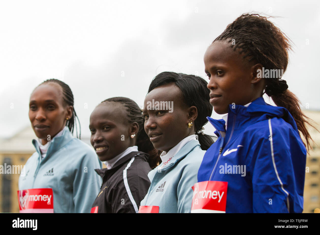 London, UK. 25th April 2019. Elite women (l-r) Gladys Cherono, Vivian Cheruiyot, Mary Keitany ...