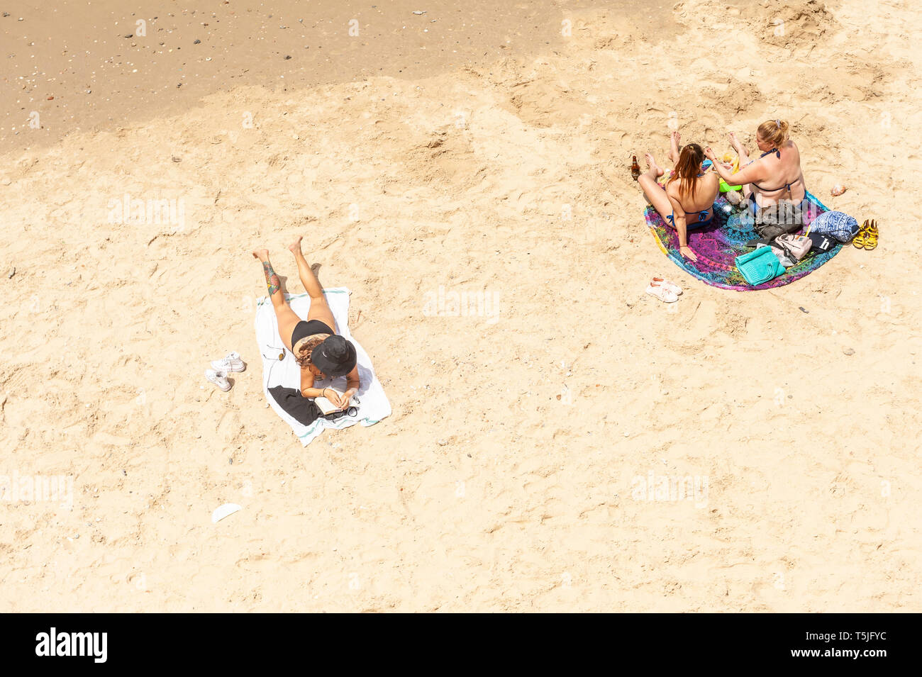 Israel, Tel Aviv-Yafo - 24 April 2019: Beachgoers on the beach of Jaffa ...