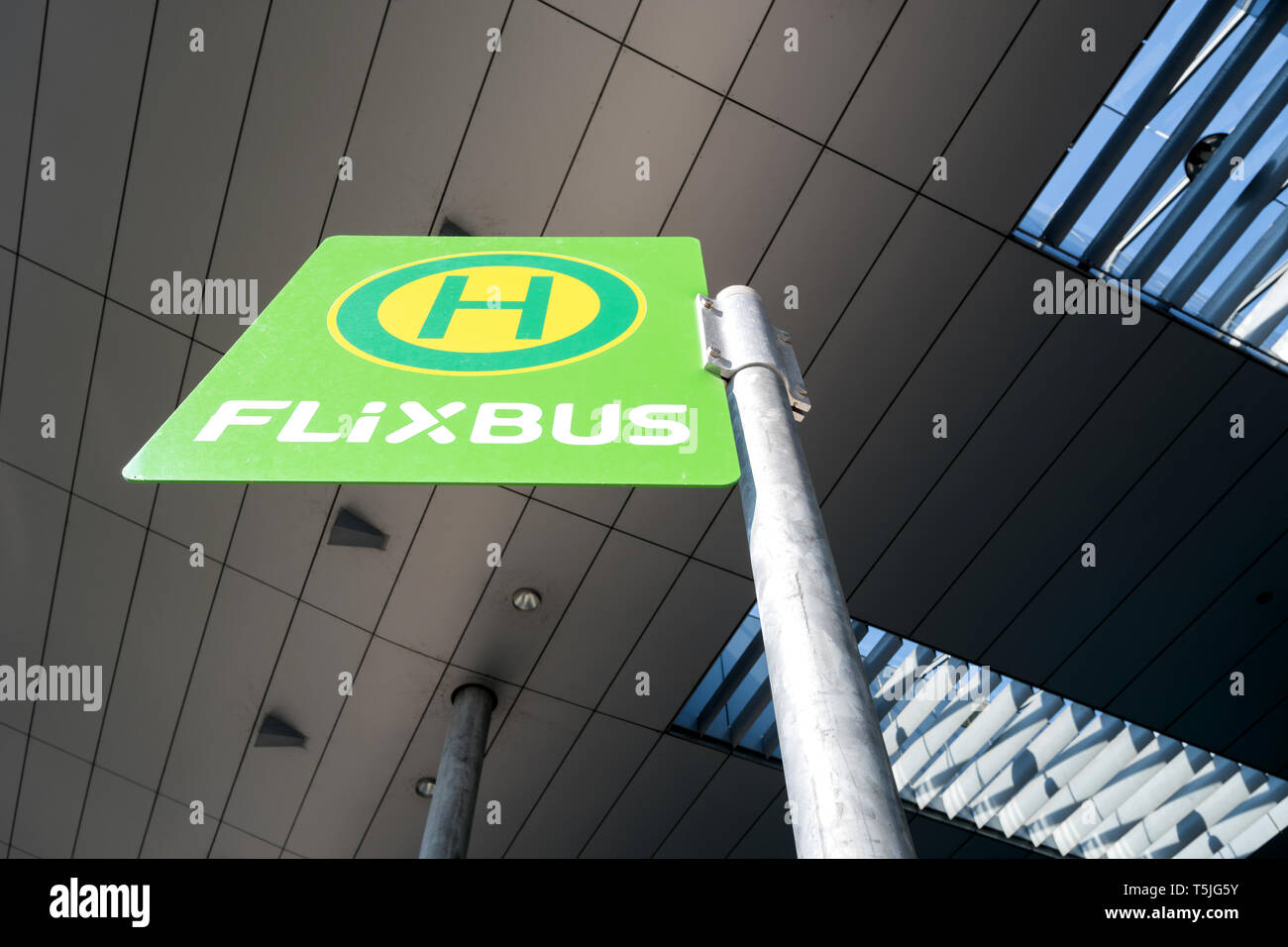 Flixbus bus stop at Münster Osnabrück International Airport. Flixbus is ...