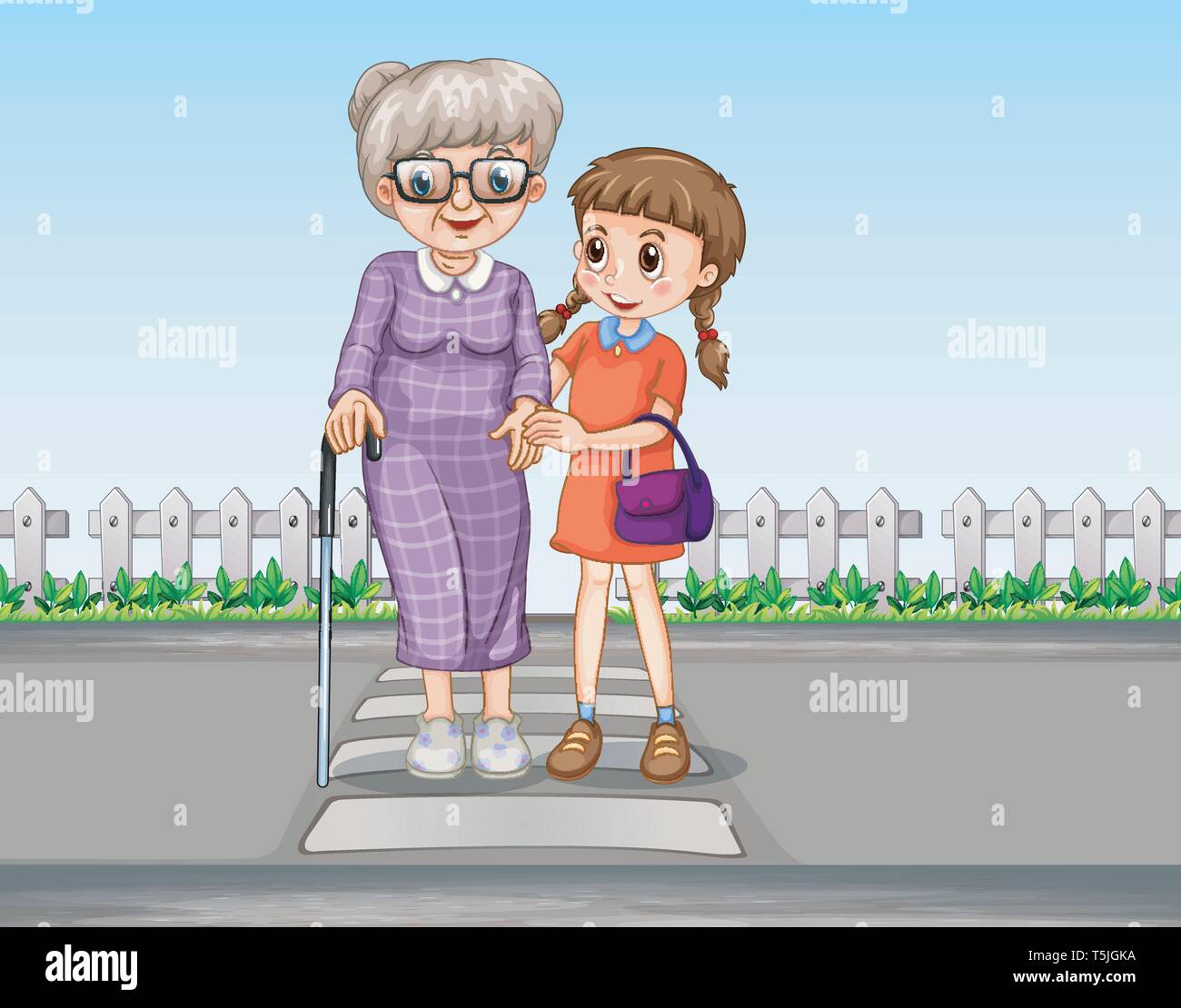 A girl helping grandmother crossing the road illustration Stock Vector ...