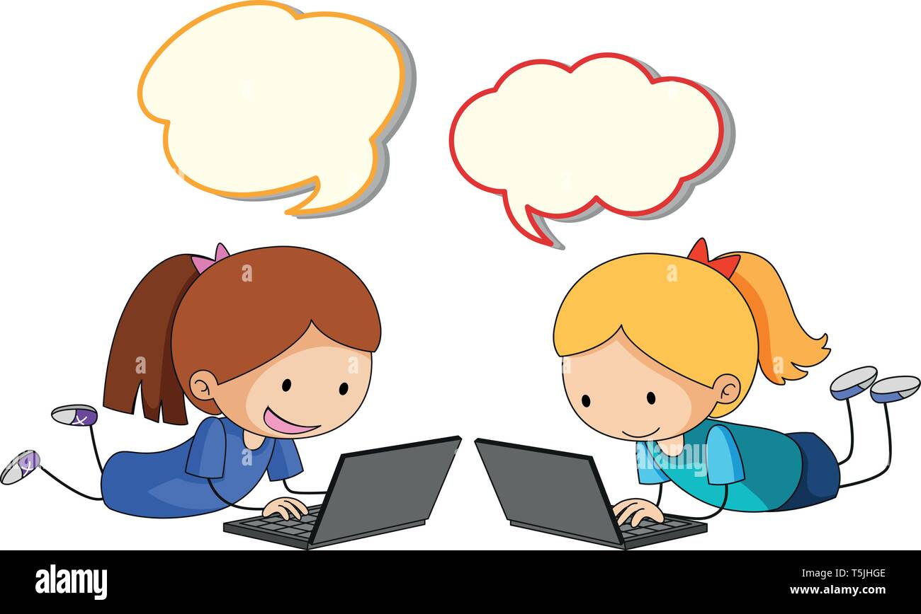 Girl playing computer with speech balloon illustration Stock Vector ...