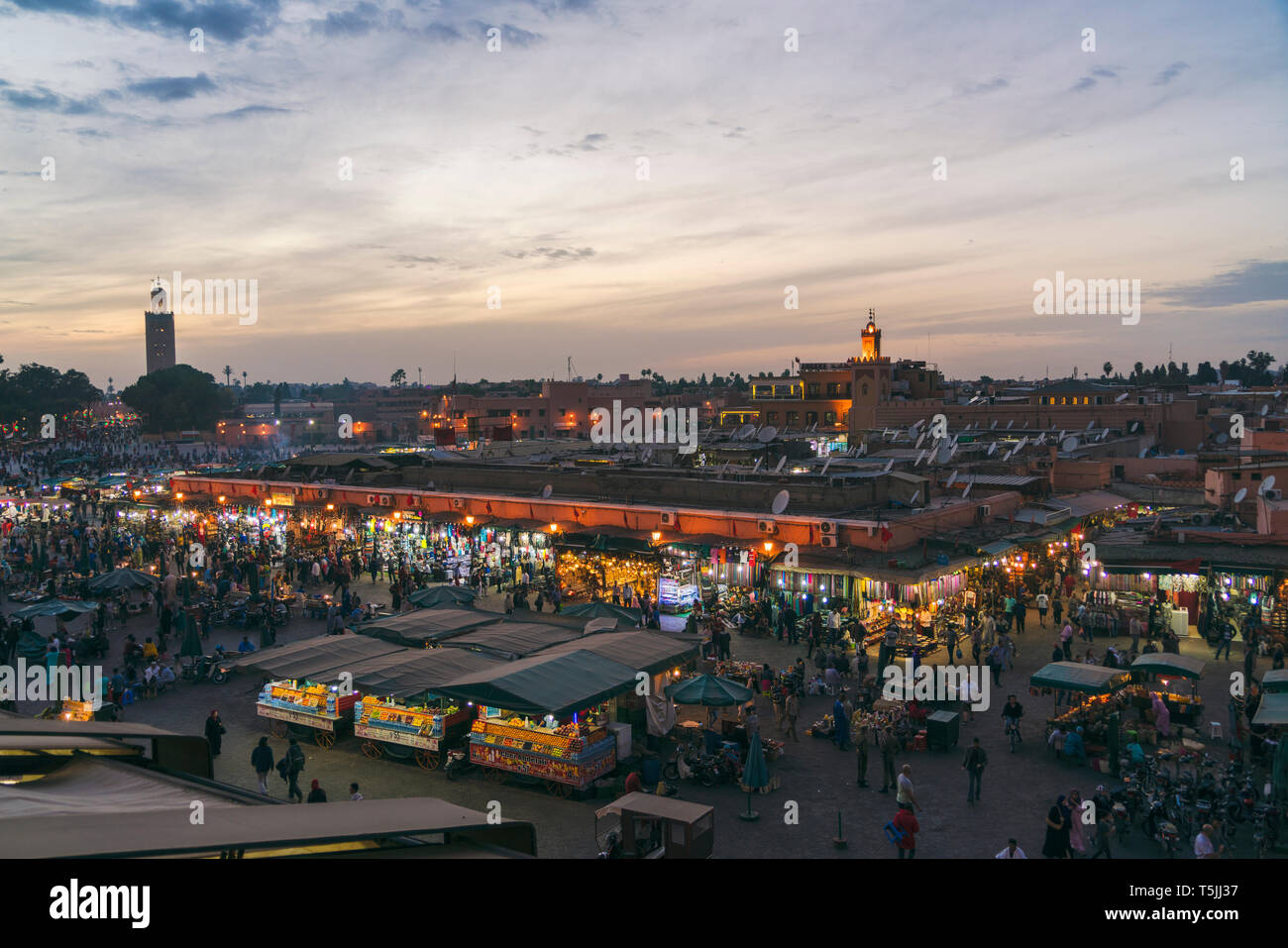 Morocco, Marrakesh, view to Jemaa el-Fnaa bazaar in the evening Stock ...