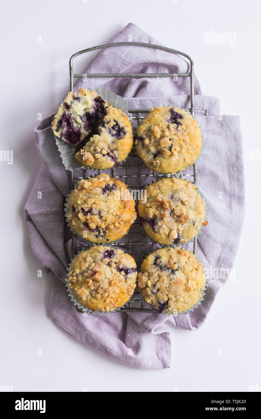 A small wire rack and napkin with six blueberry muffins Stock Photo - Alamy
